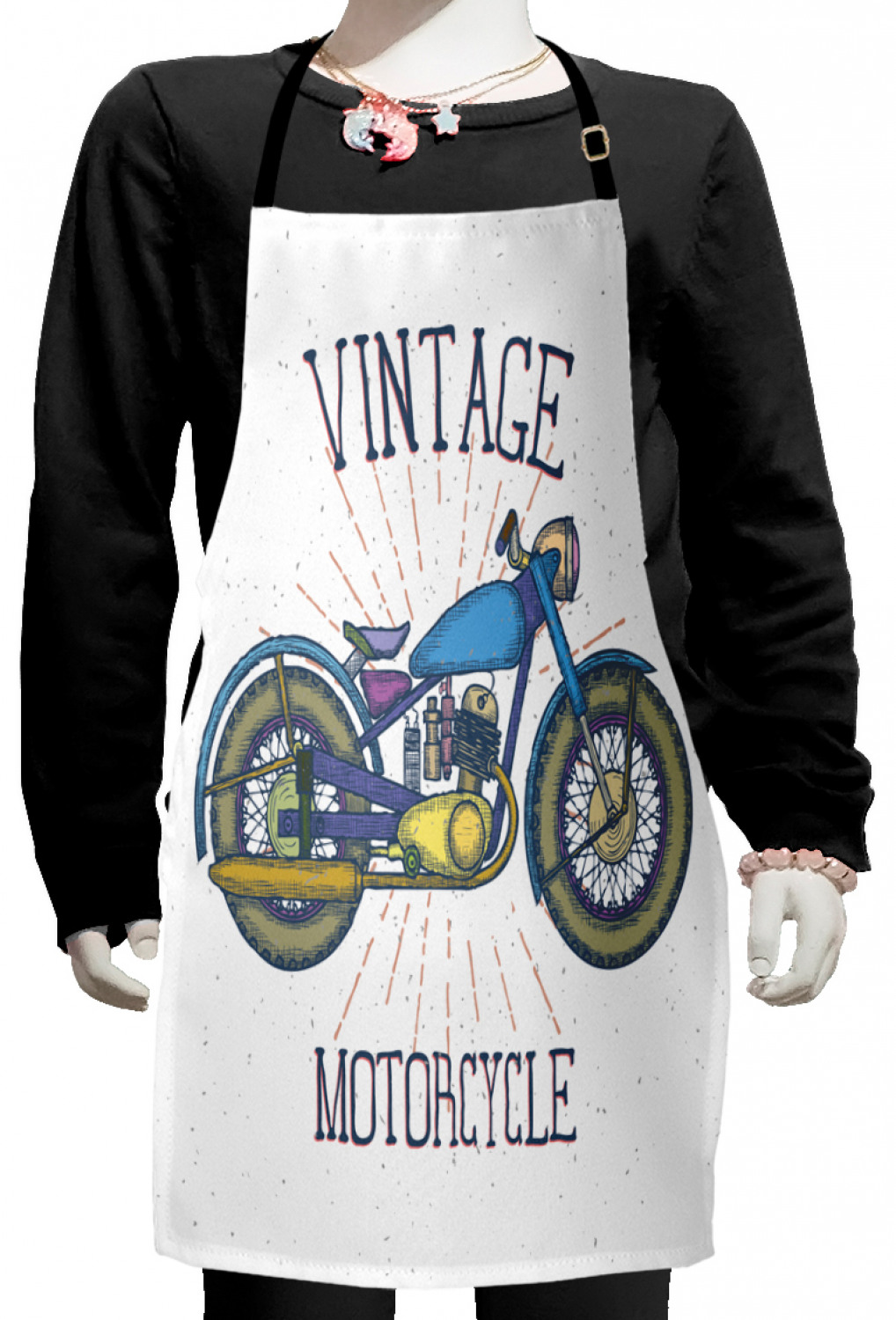 Motorcycle Kids Apron, Colorful Vintage Bike with Starburst Dashed ...