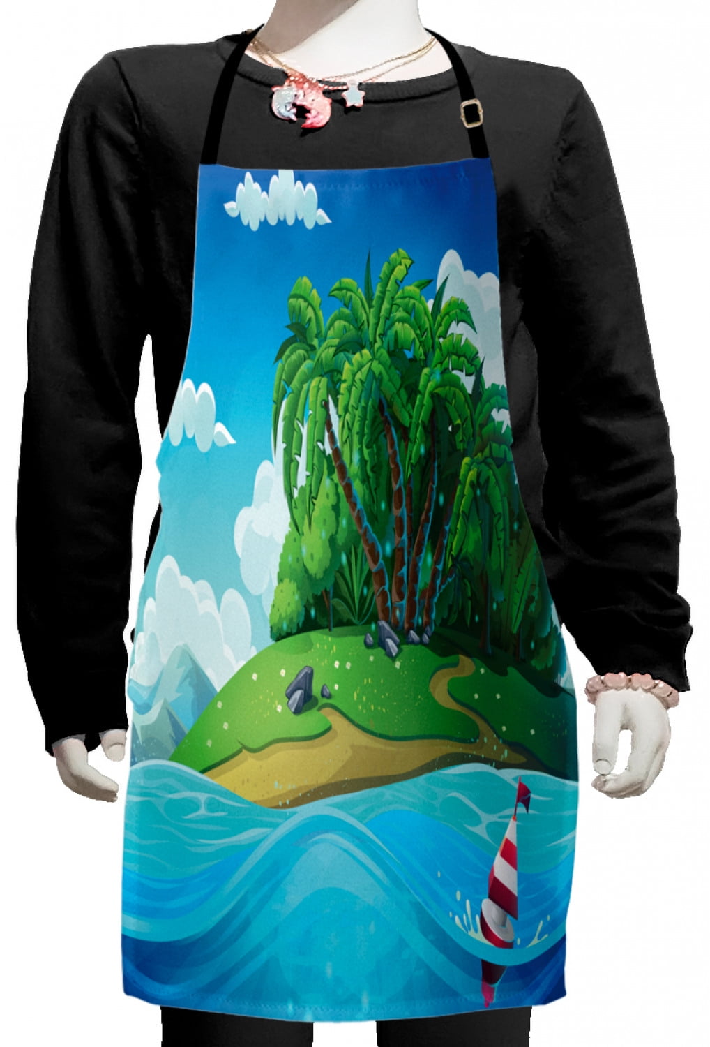 Tropical Kids Apron, Exotic Island Theme Marine Landscape in Cartoon ...