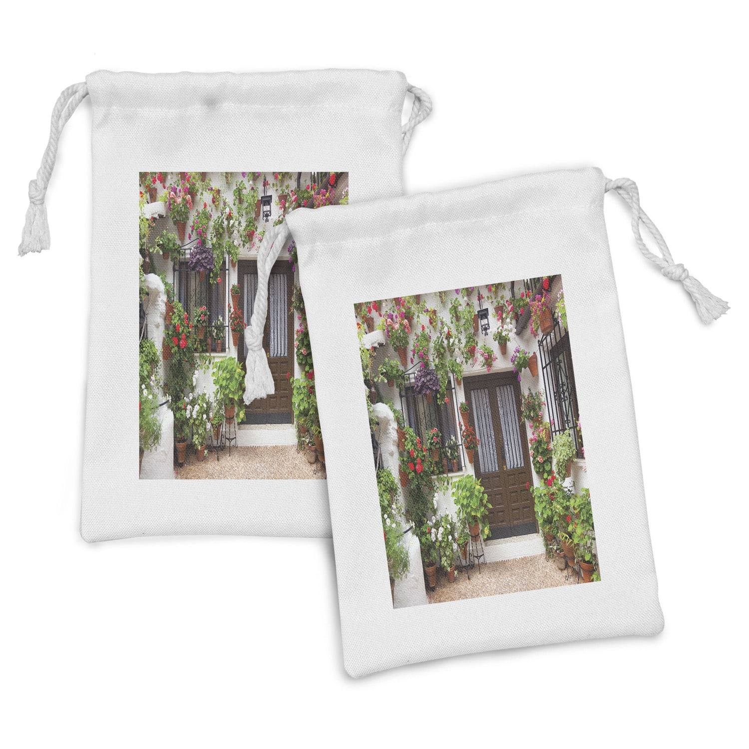 Country Fabric Pouch Set of 2, Colorful House Design with Bunch of ...