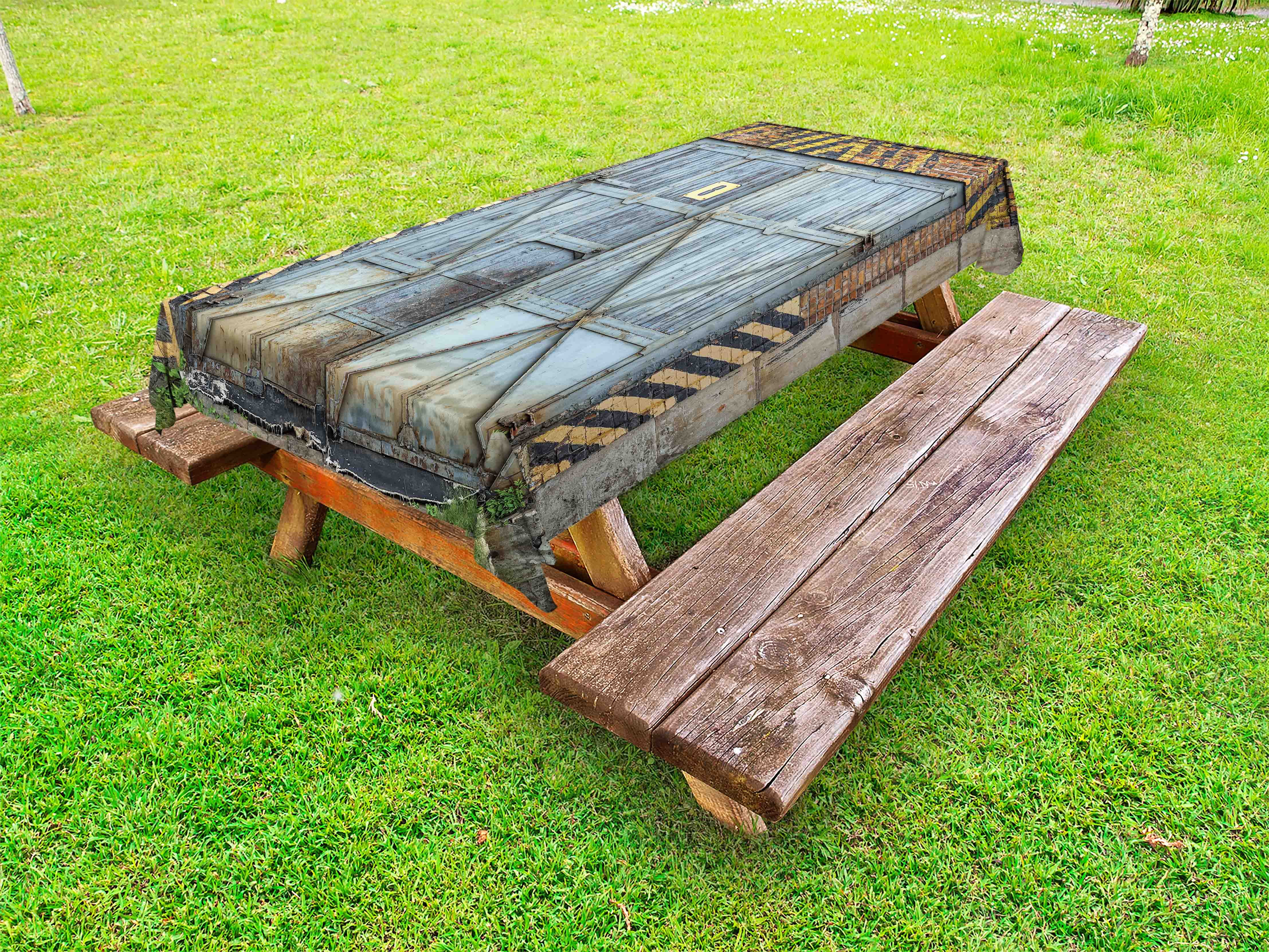 Industrial Outdoor Tablecloth, Old Wooden Factory Gate with Warning ...