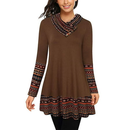 Women's Cowl Neck Tunics Long Sleeve Patchwork Form Fitting Casual A ...