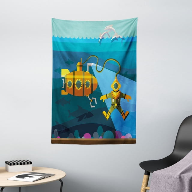 Yellow Submarine Decor Tapestry, A Submarine and a Diver Jumping ...