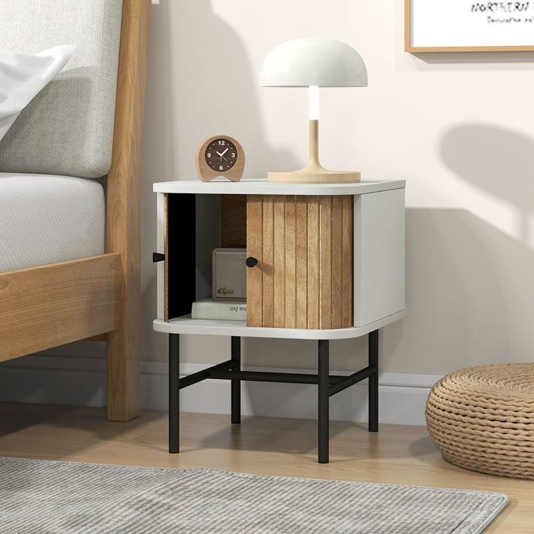 Mid Century Modern Nightstand with Sliding Doors and Storage Cabinet White Costway