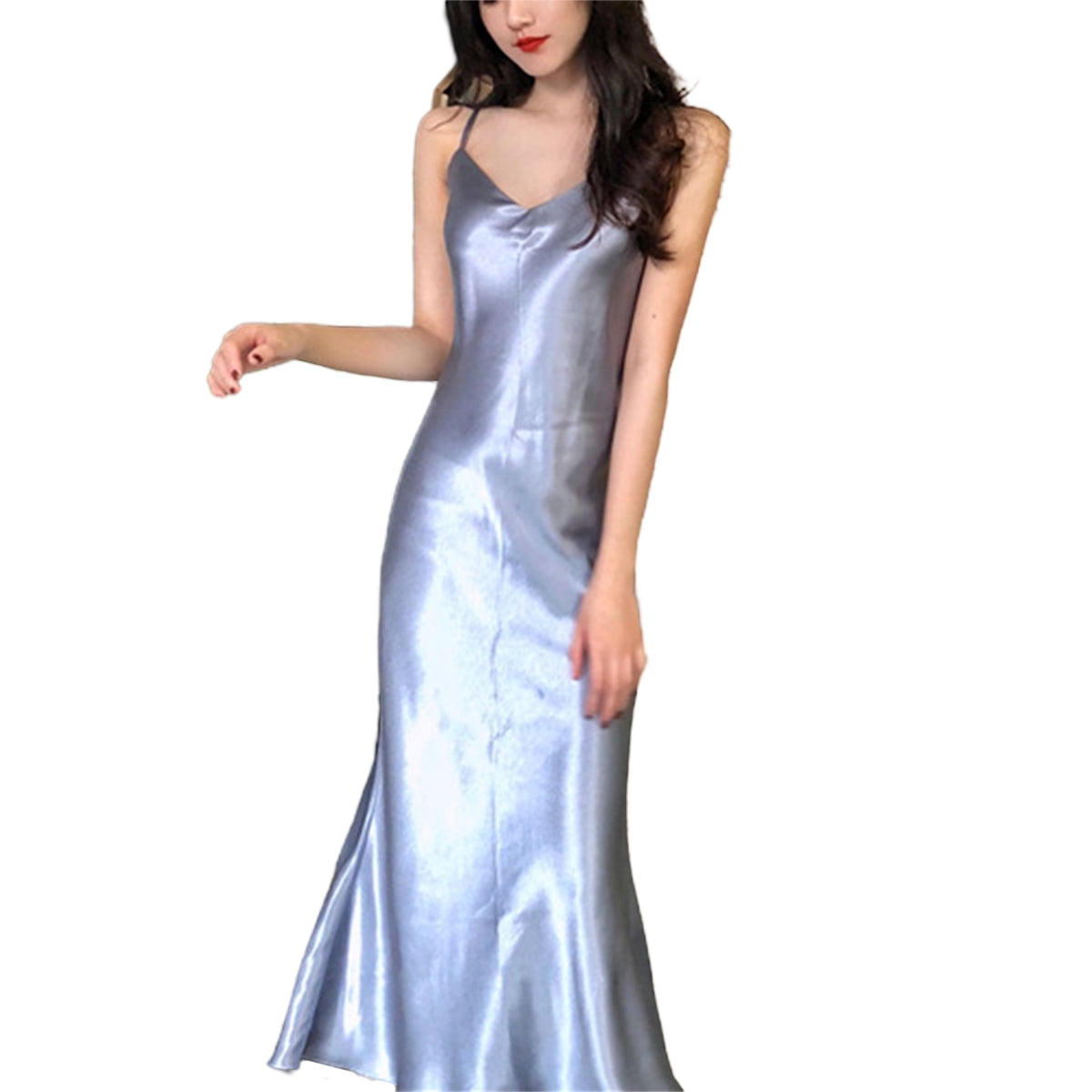 Summer Women Long Satin Slip Dress Spaghetti Strap Party Dress Vintage