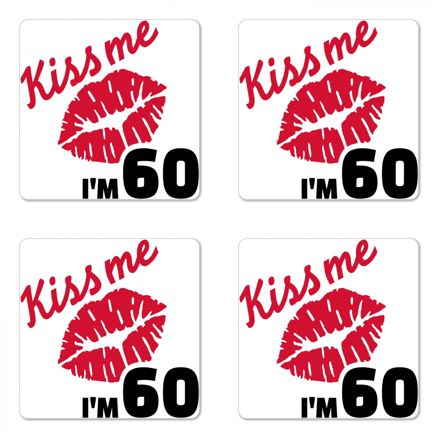 60th Birthday Coaster Set of 4, Hot Party Theme with Lipstick Mark Kiss ...