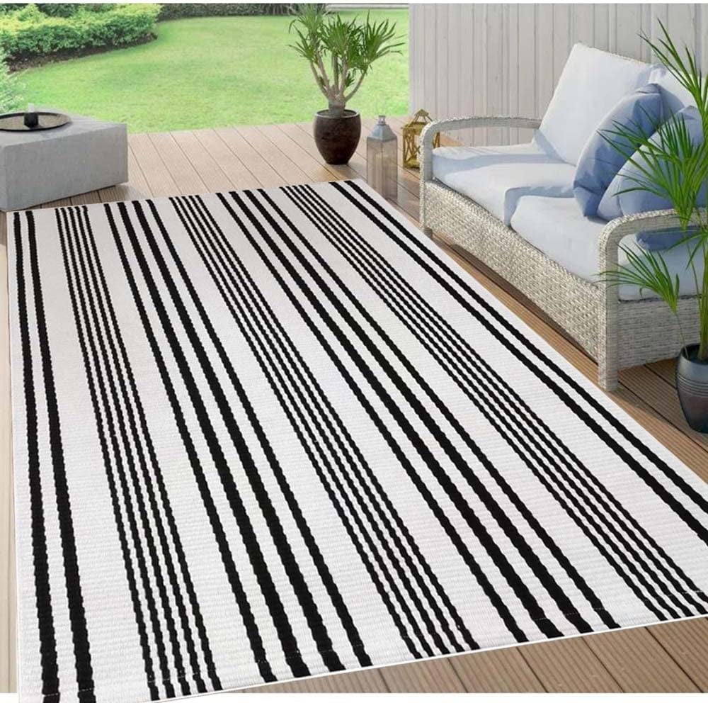 ZXNYH Black and White Outdoor Patio Rug,5x8ft Striped Outdoor Rug ...