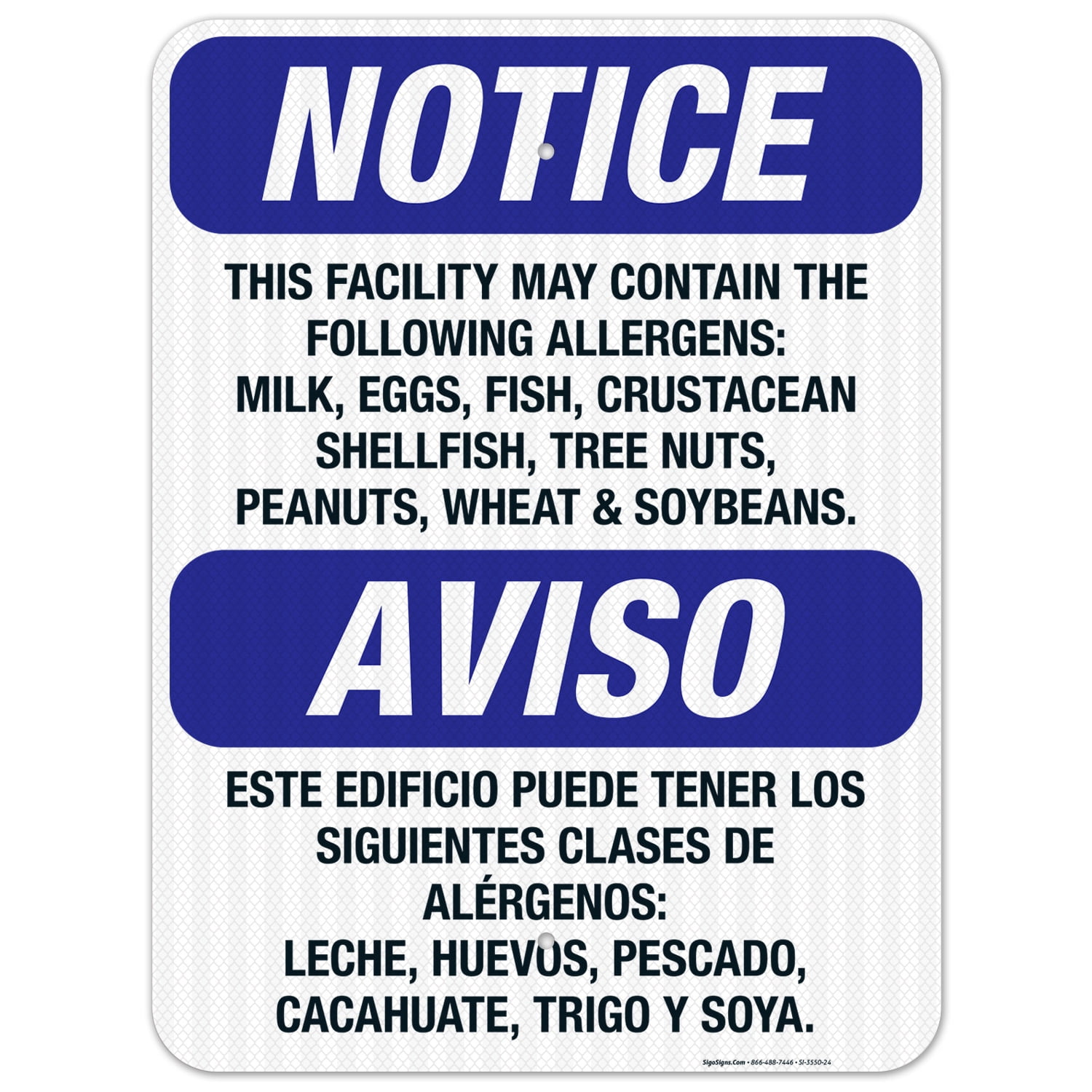 Food Allergy Notice Milk, Eggs, Fish, Crustacean, Nuts, Bilingual Sign ...
