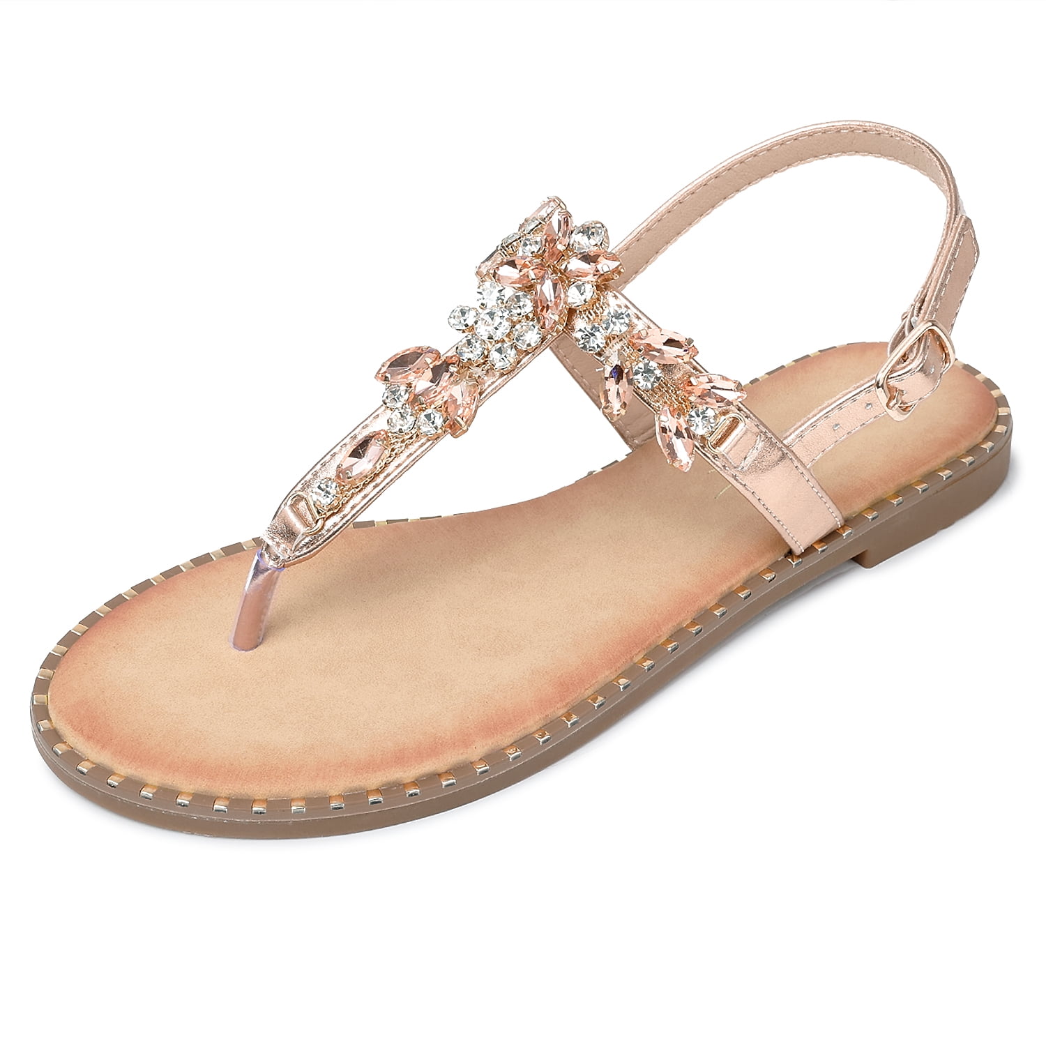 SHIBEVER Womens Sandals Rhinestone Gladiator Flat Jeweled Sandals Thong ...