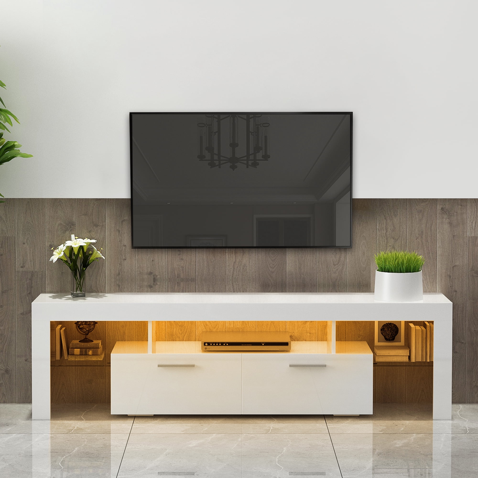 Modern White TV Stand with LED Lights & Remote Control - High Glossy ...