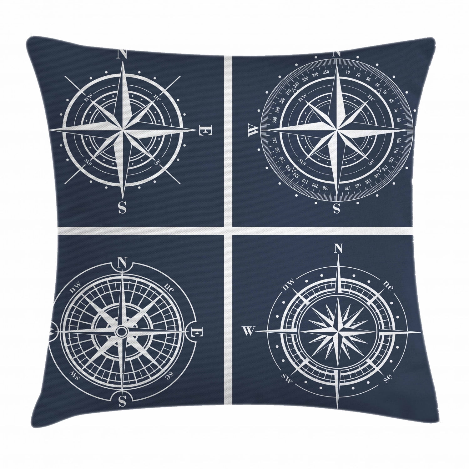 Compass Throw Pillow Cushion Cover, Set of White Compasses with Navy ...