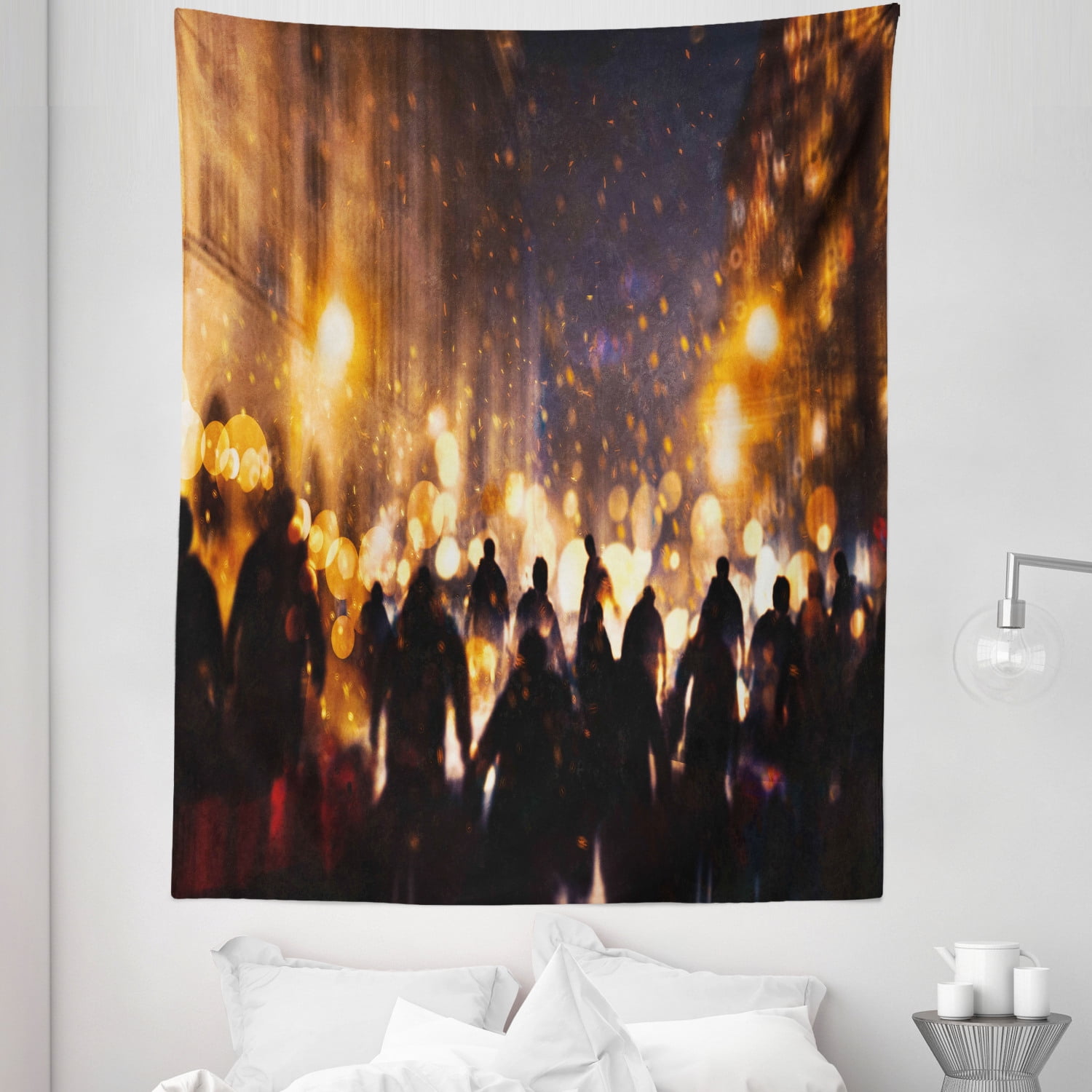 Zombie Tapestry, Burning Town Urban Chaos with Human Silhouettes in ...