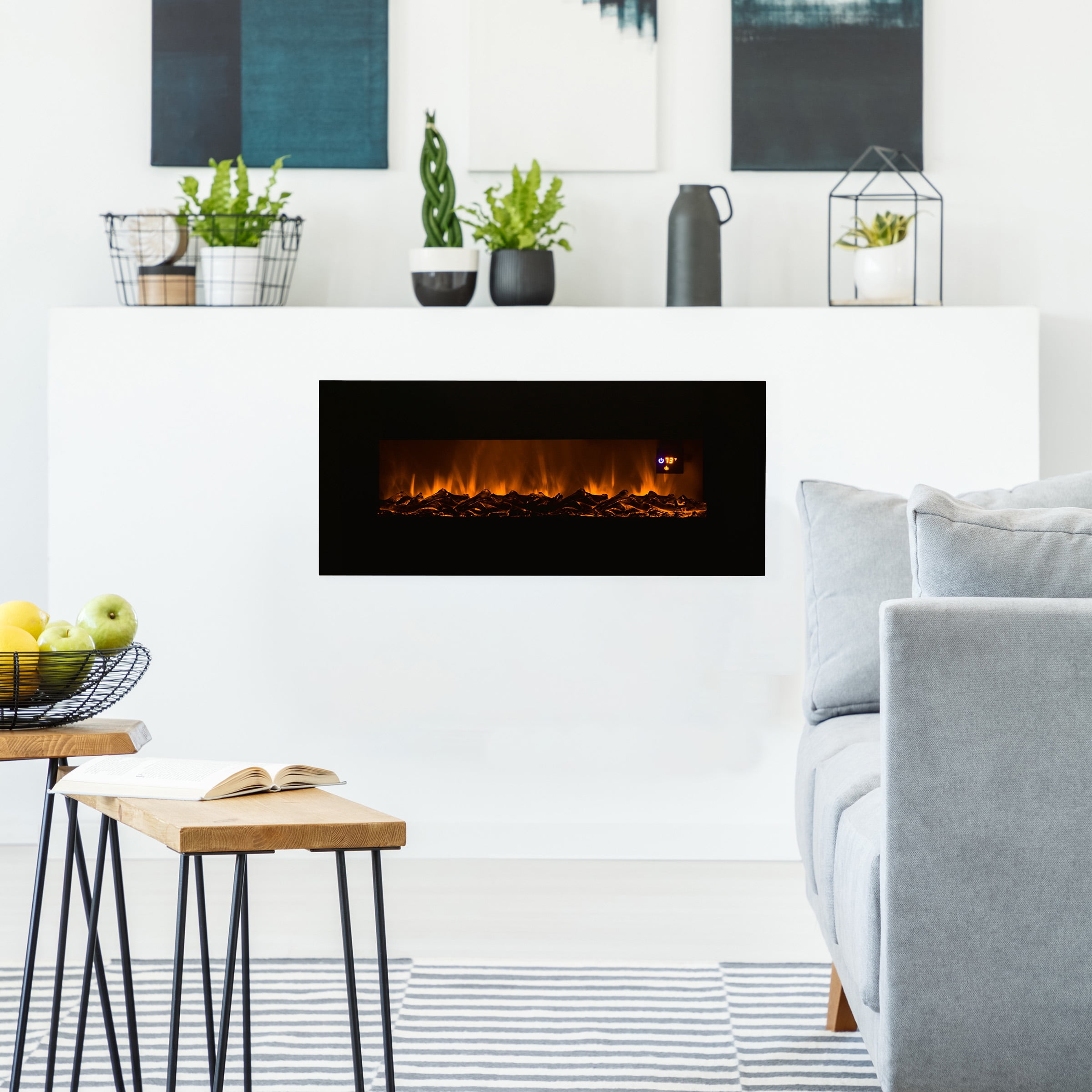 Northwest 50" Black Glass Wall Mounted Electric Fireplace with Remote ...