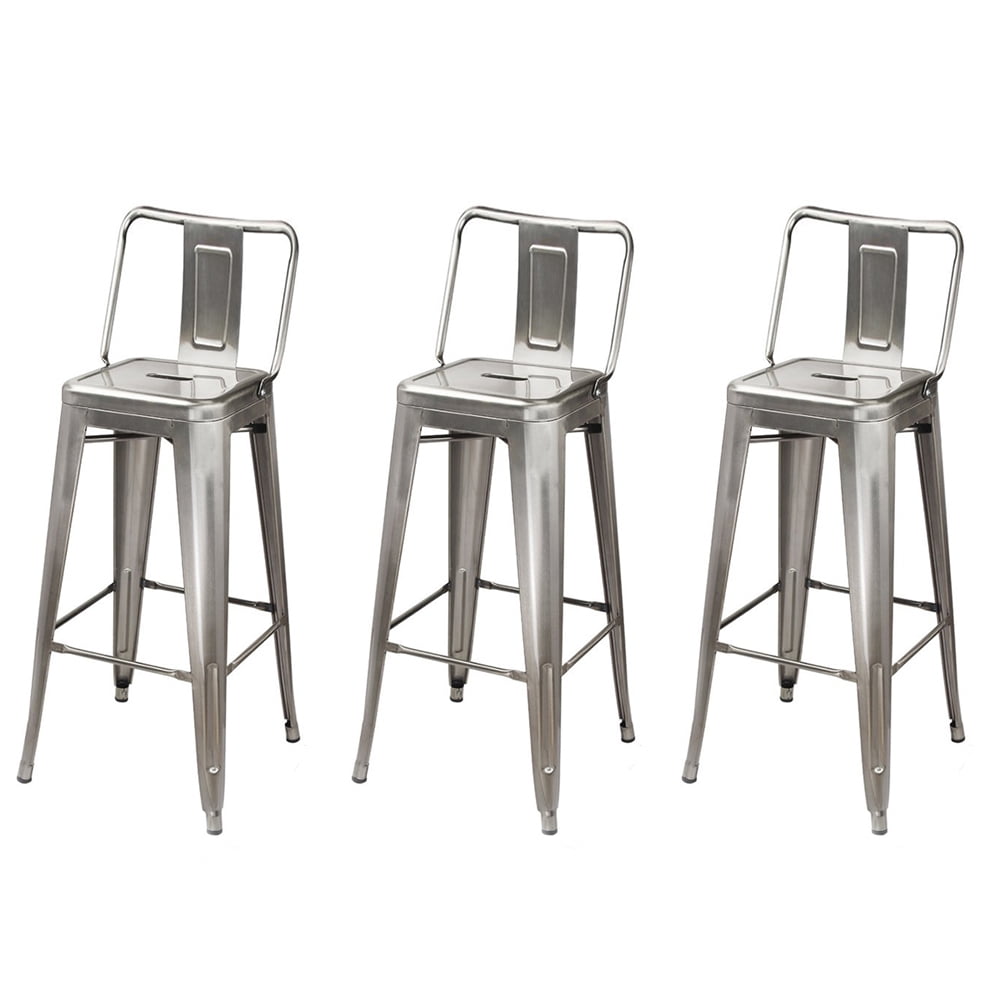 Leejay 30 inch High Back Bar Height Metal Stools, Gunmetal, Set of 3 ...