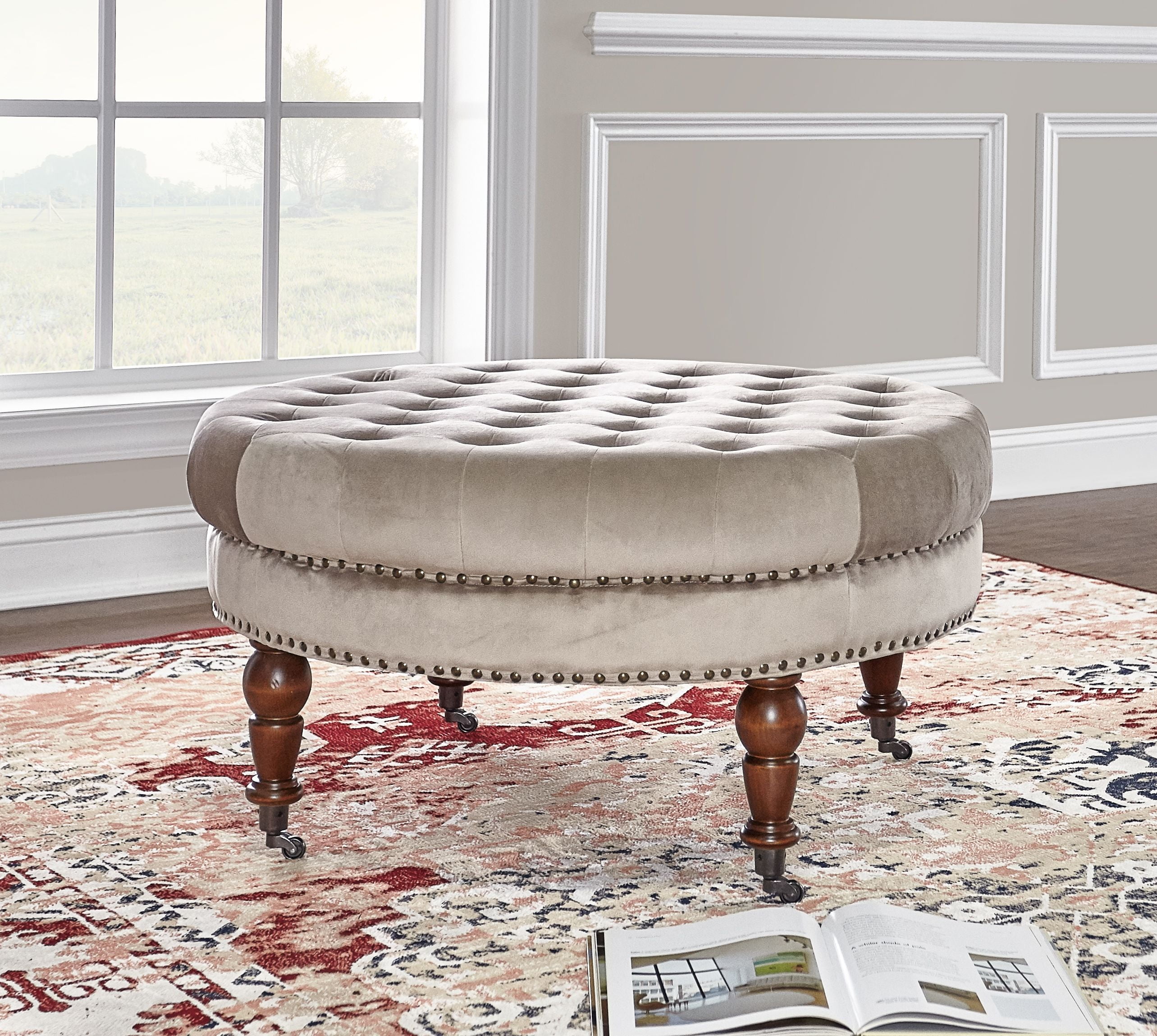 Linon Isabelle Velvet Round Tufted Ottoman, Multiple Colors - Walmart.com
