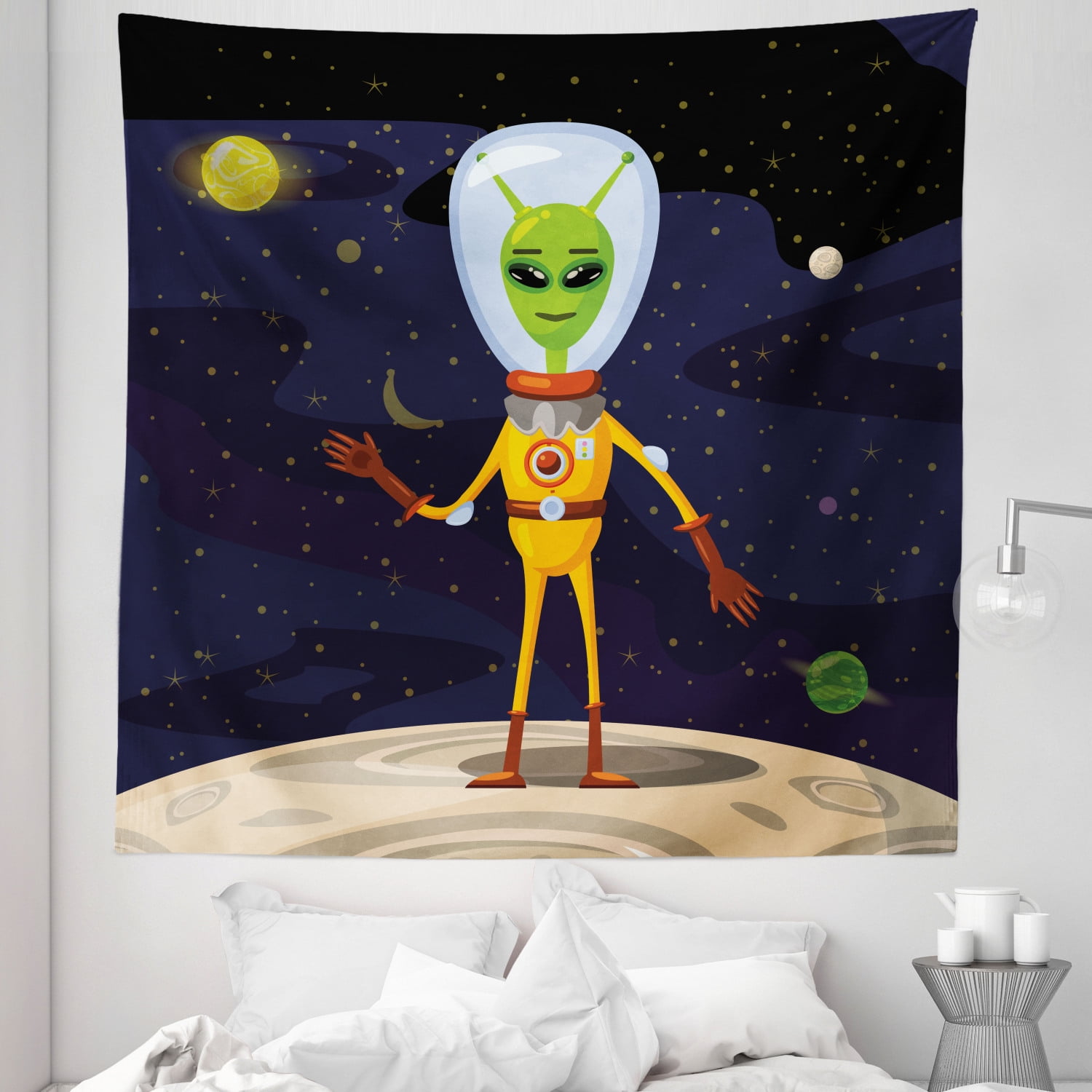 Alien Tapestry, Ufo Cartoon of Funny Creature in Spacesuit Standing on ...