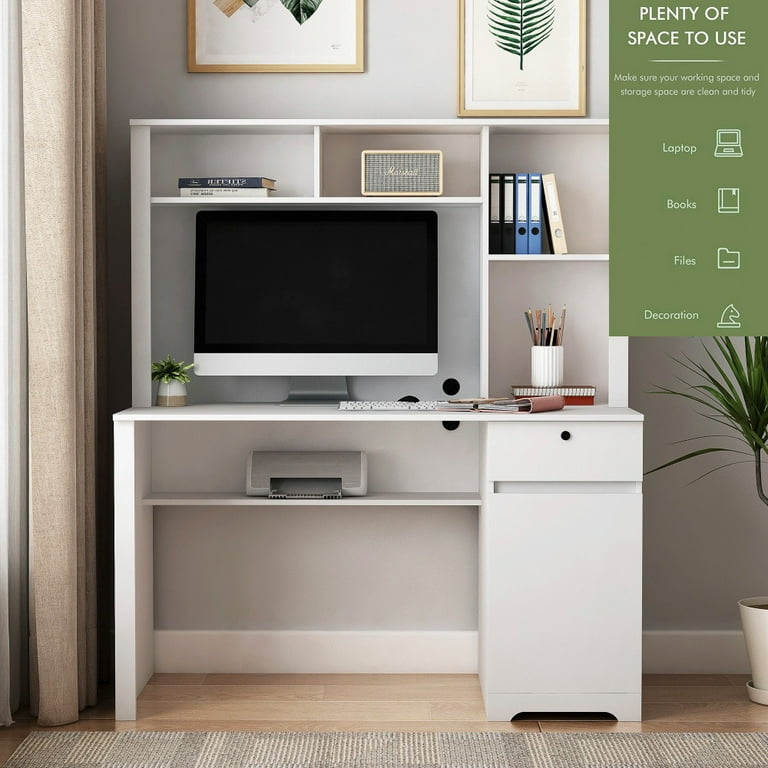 Computer Desk with Hutch Bookshelf Wood Executive Desk Teens Student Desk Writing Laptop Home Office Desk with Drawers 3 AC Outlets and 2 USB