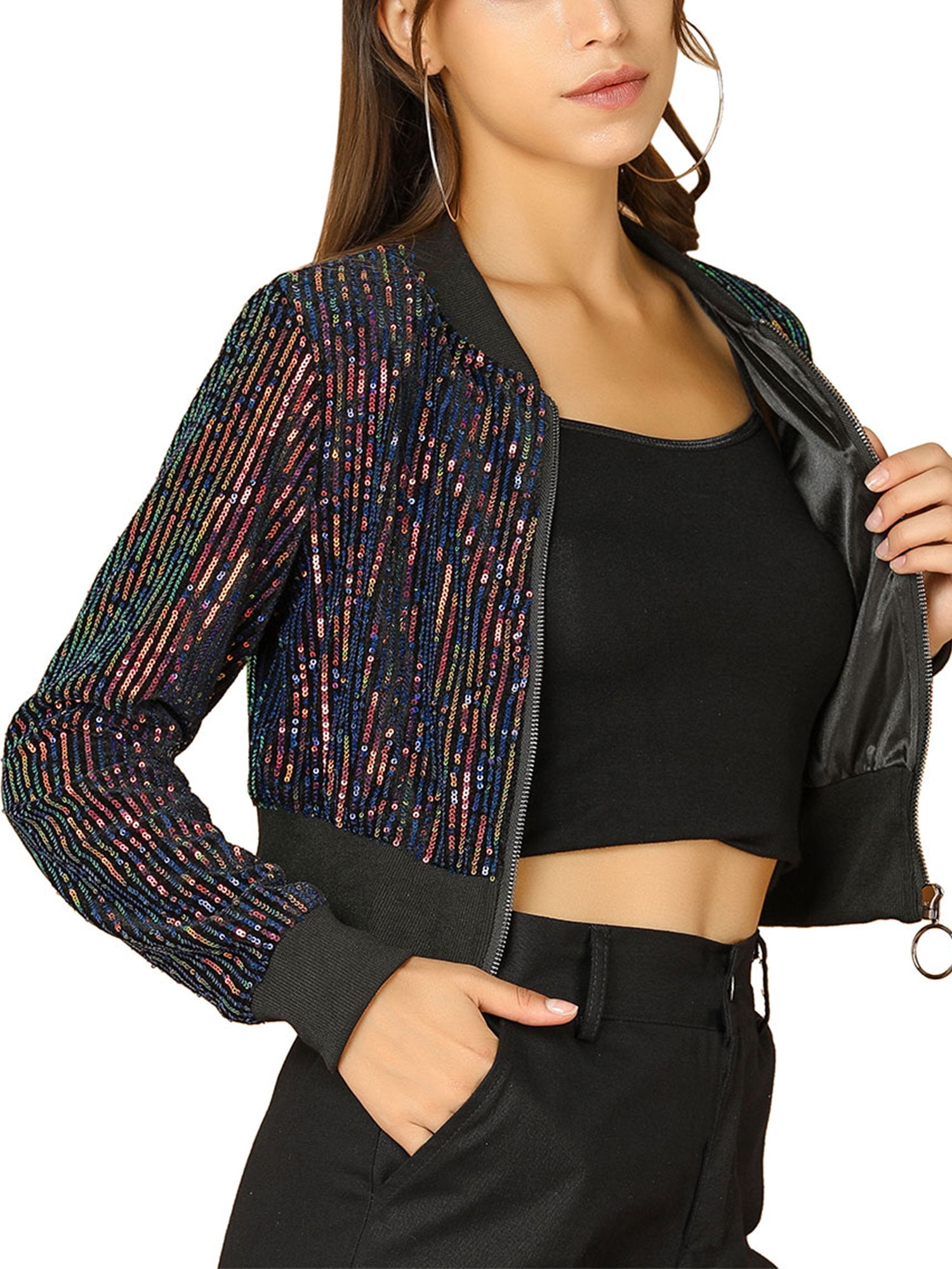 Black Sequin Bomber Jacket