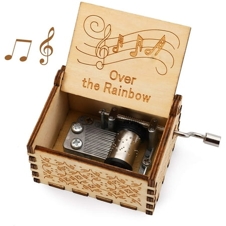Over The Rainbow Music Box, Wood Hand Crank Engraved Vintage Cute Music ...