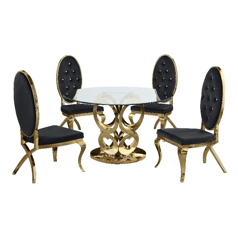 Round Style 5pc Glass Gold Dining Set Tufted Faux Crystal Chairs in ...