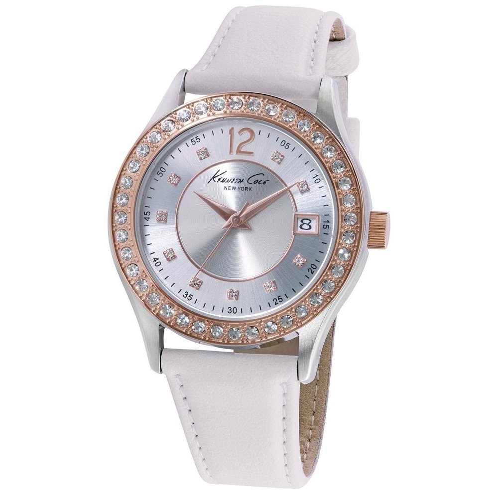 Kenneth Cole - Women's White Leather Strap Crystallized Watch 10020850 ...