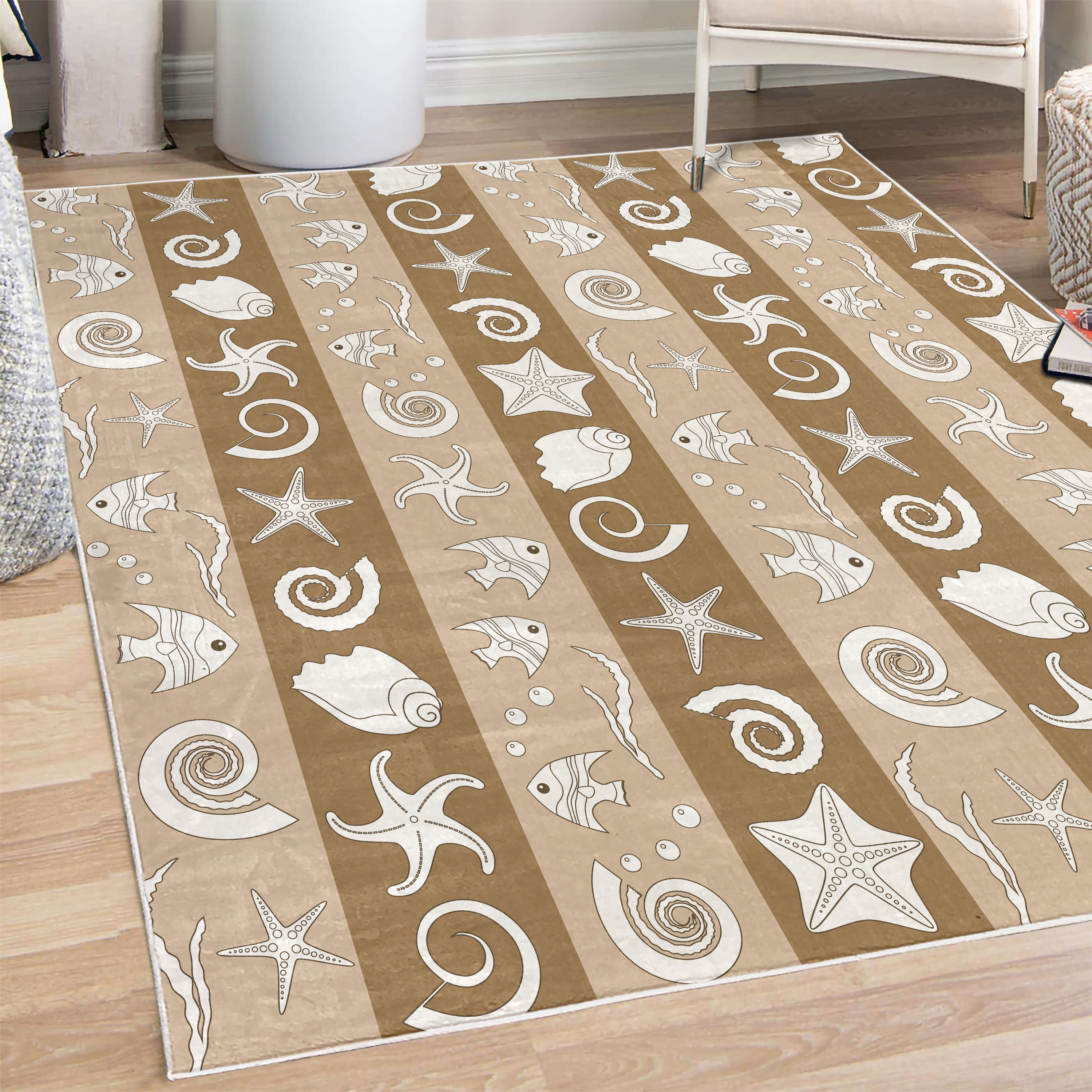 Nautical Decorative Rug, Marine Theme Sea Animals Fishes Shells on ...