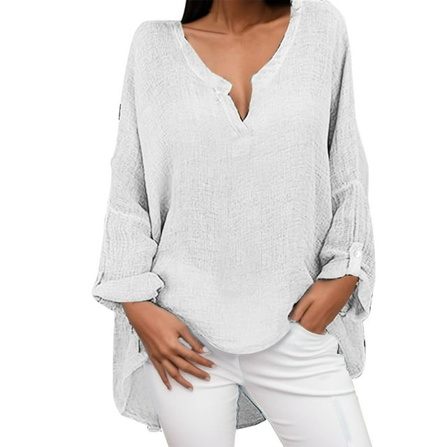 Women's V Neck Long Sleeve Blouse - Loose Fit, Solid Color, Plus Size ...