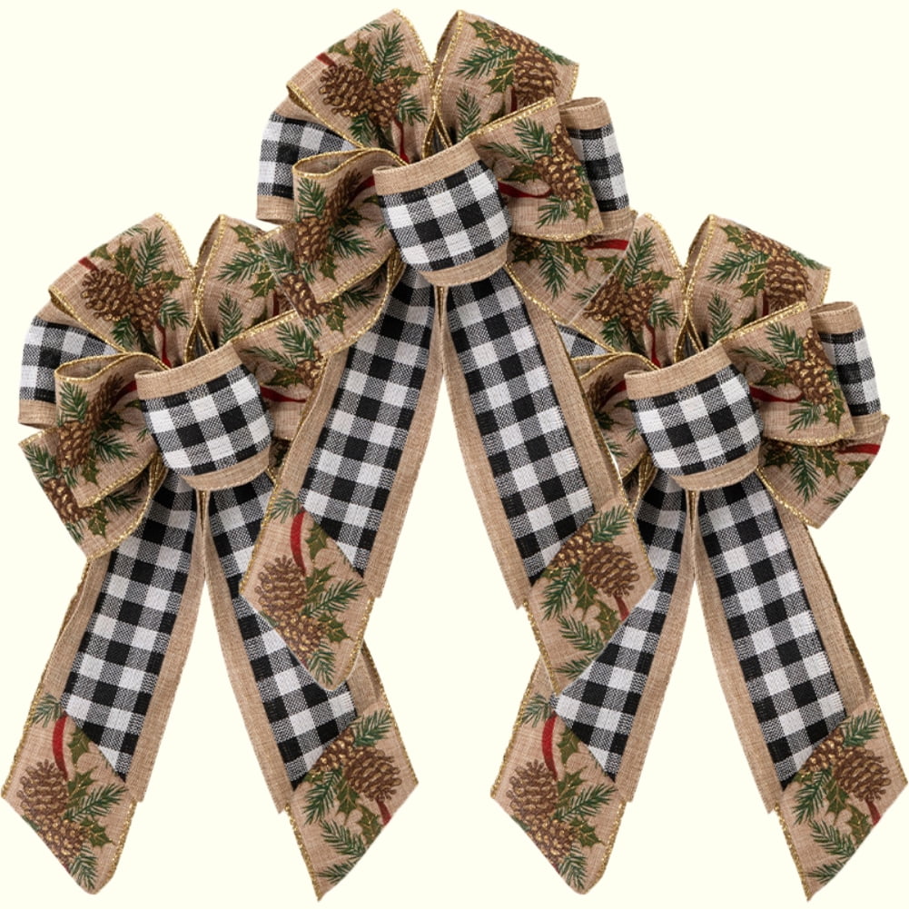 Monfince 3 Pieces Santa Claus Bows Burlap Plaid Wreaths Bows Christmas ...