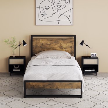 PAPROOS Full Size Bed Frame, Rustic Wood Platform Bed with Headboard ...