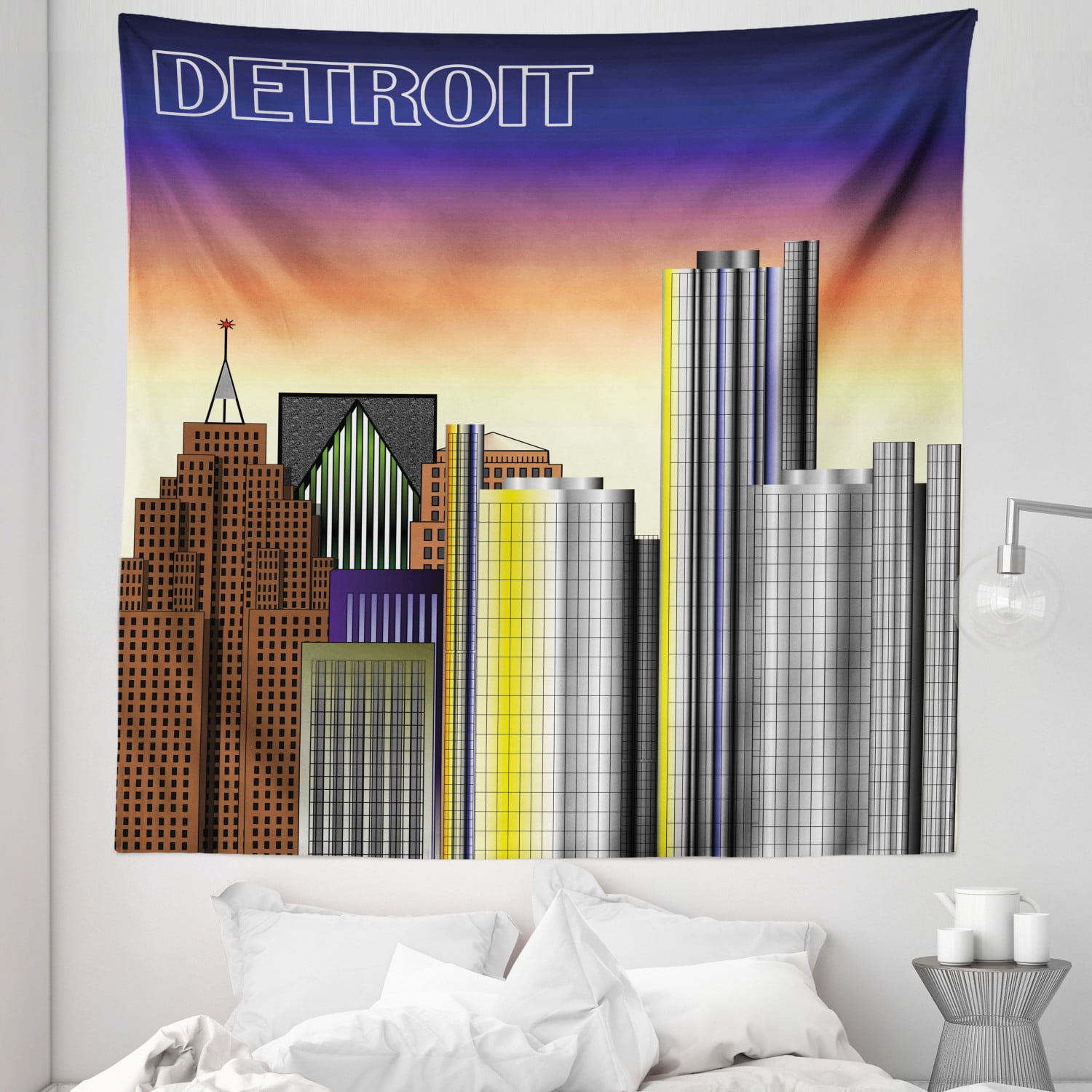 Detroit Tapestry, Retro Style Downtown Illustration Metropolis High ...
