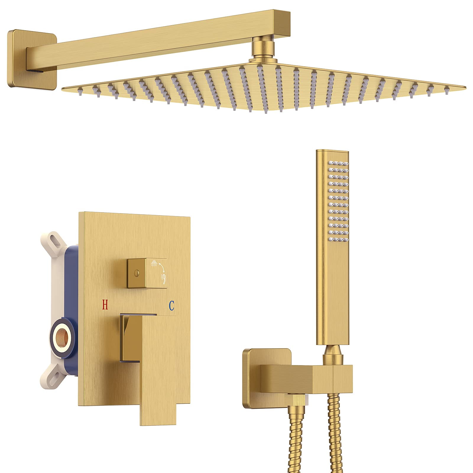 Brushed Gold Rain Shower System With 10 Inch Shower Head And Handheld