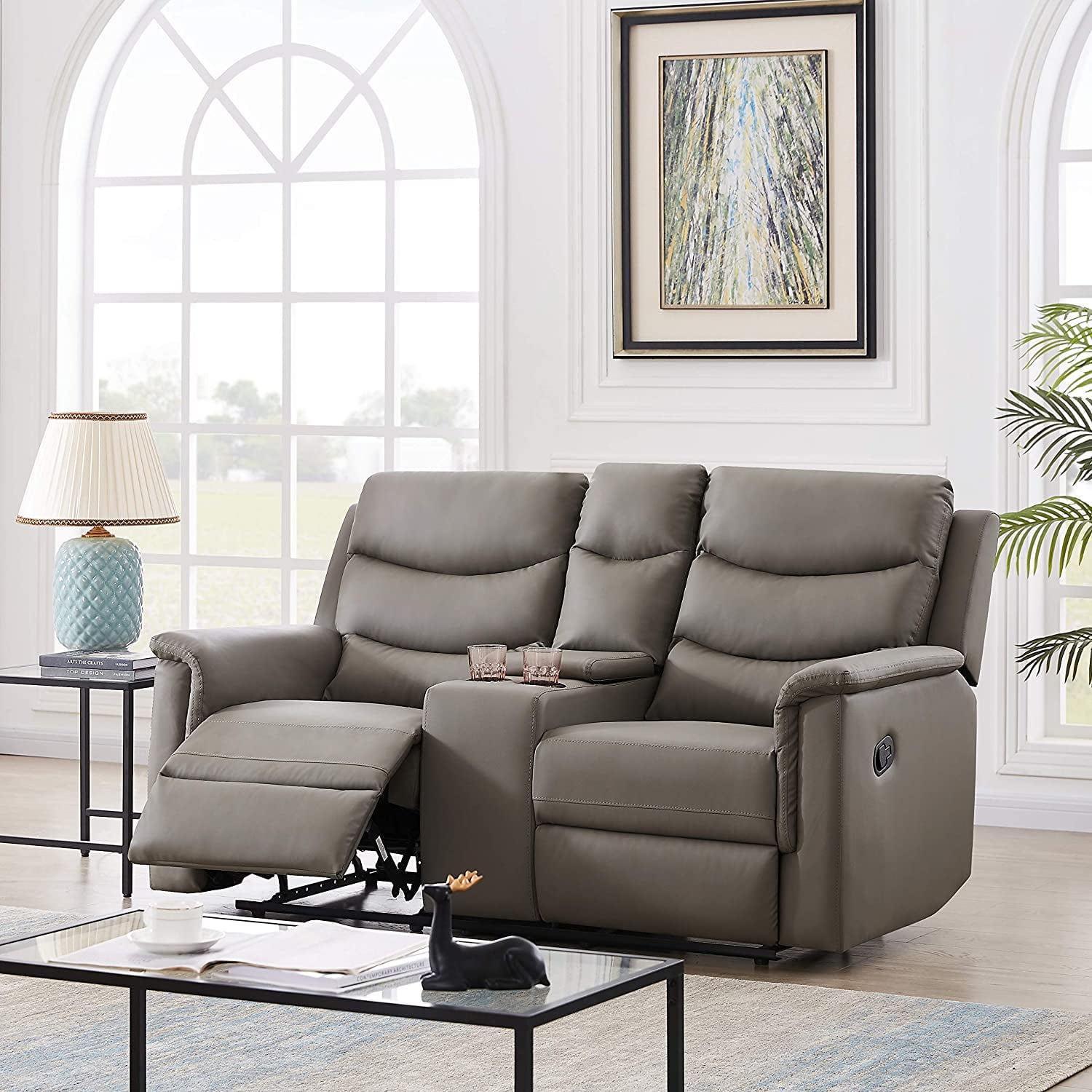 2-Seater Dark Grey Polyester Double Reclining Sofa with Storage Console ...