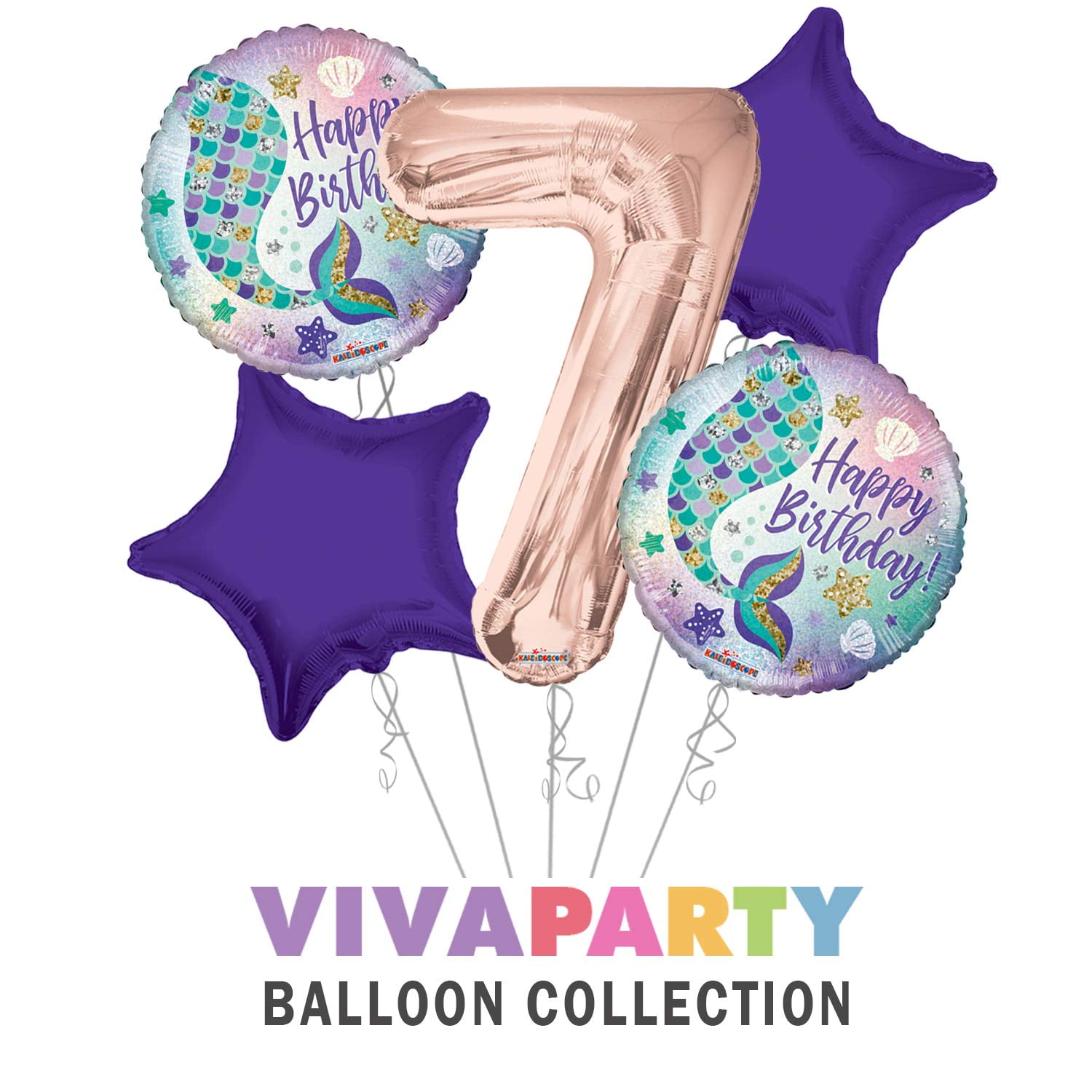 Happy Birthday Mermaid Round Balloon Bouquet 5 pc, 7th Birthday, Rose ...