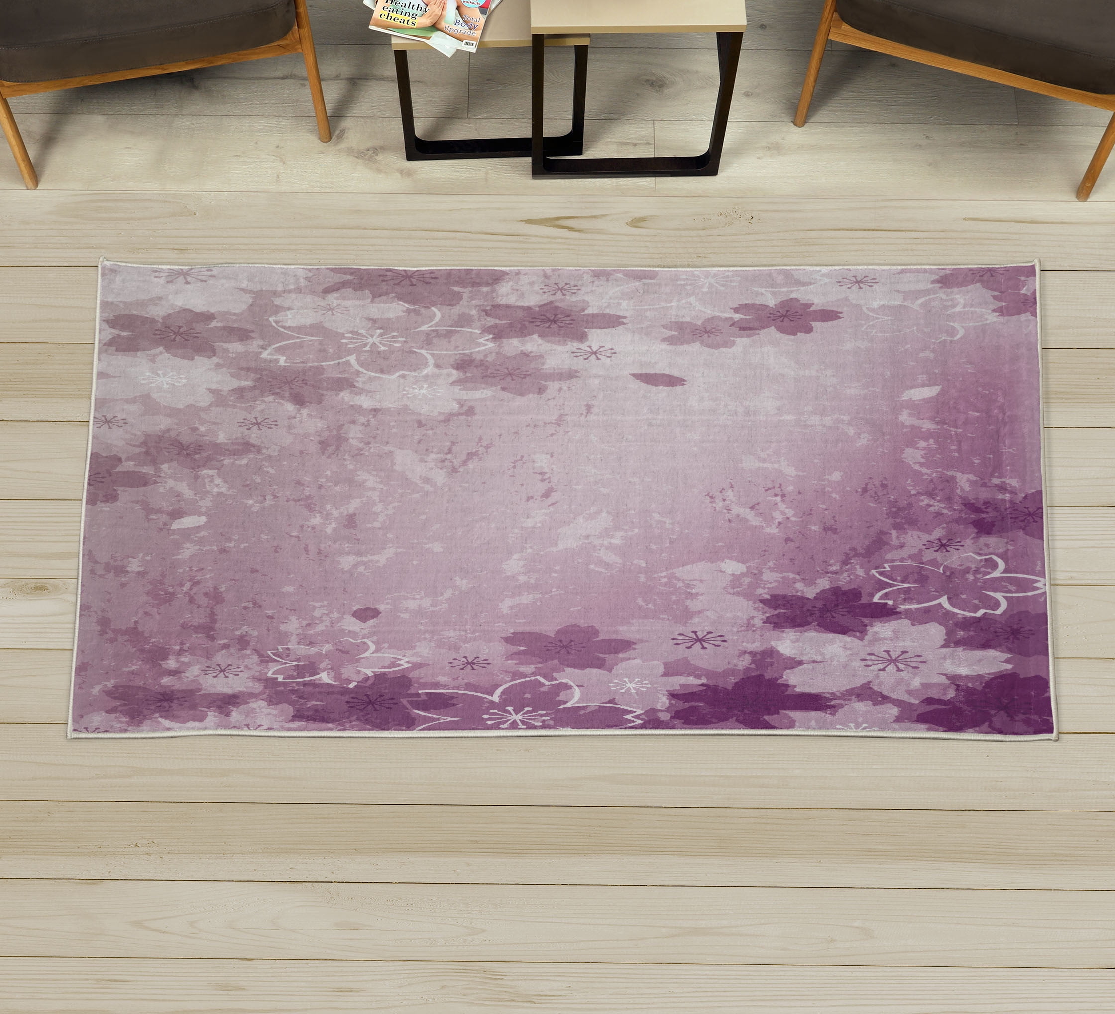 Nature Decorative Rug, Cherry Blossoms Pattern in Shabby Form Style ...