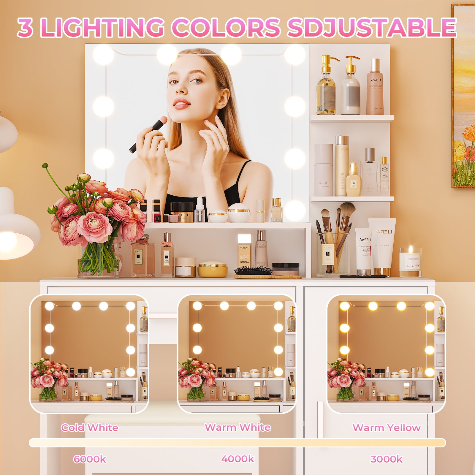 Ktaxon Vanity Set with 3 Color Lighted Mirror, Nepal | Ubuy