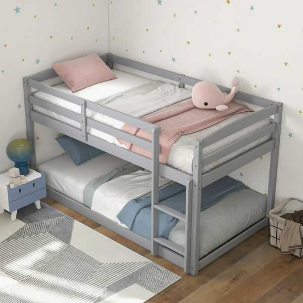 Costway Twin over Twin Low Bunk Bed with Guardrails Integrated Ladder ...
