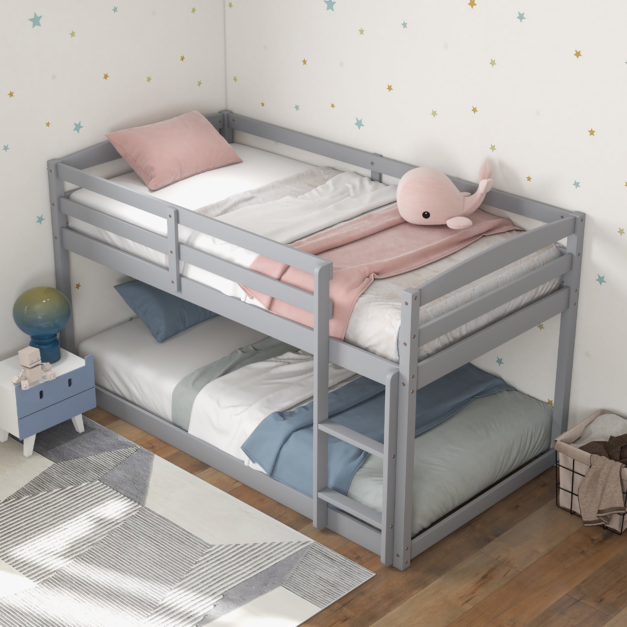 Click here for Costway Twin Over Twin Low Bunk Bed With Guardrail... prices
