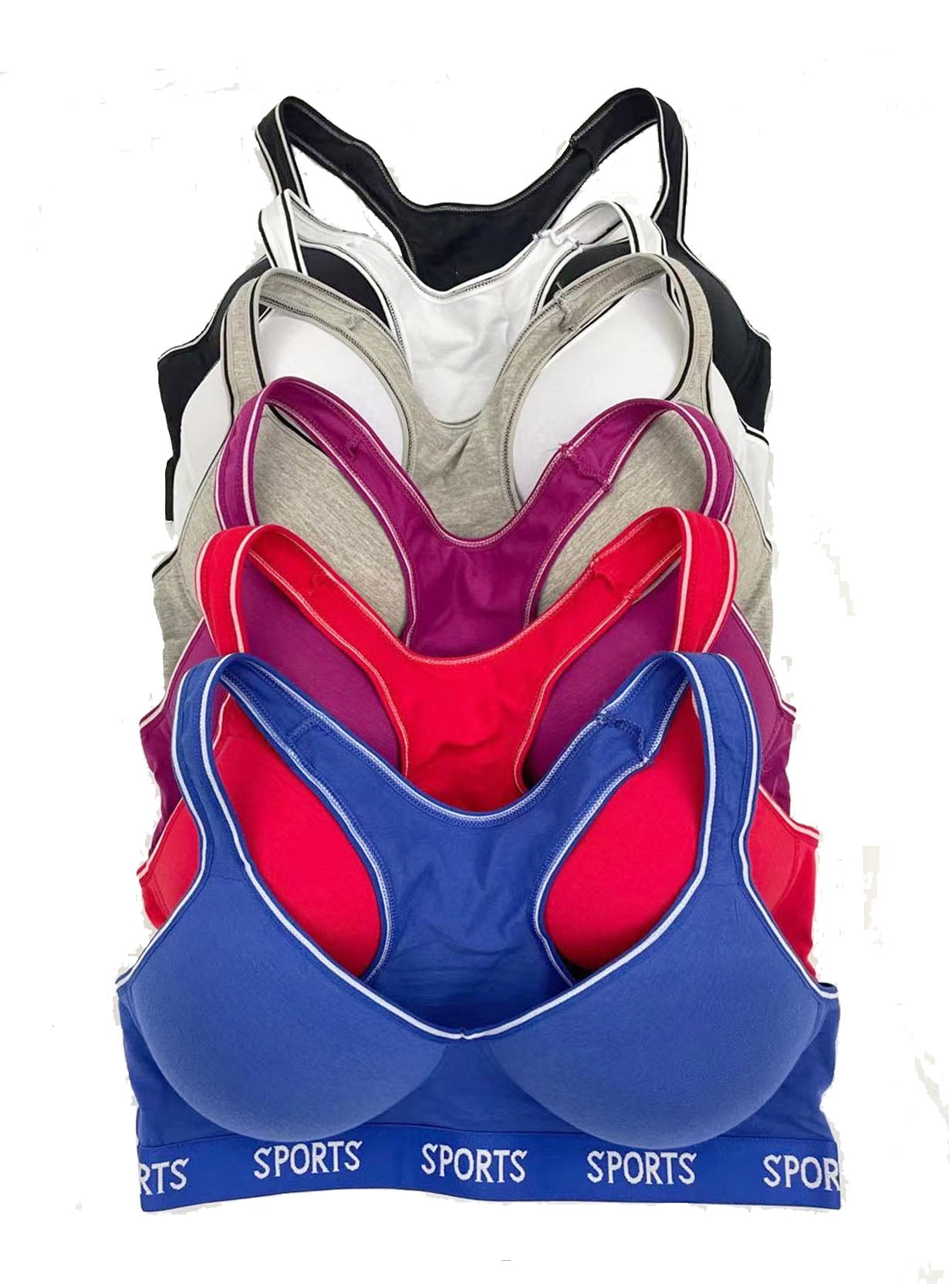 6 pcs Wire Free Gym Light Padded Raceback Cotton Sports Bra B C D Cup ...