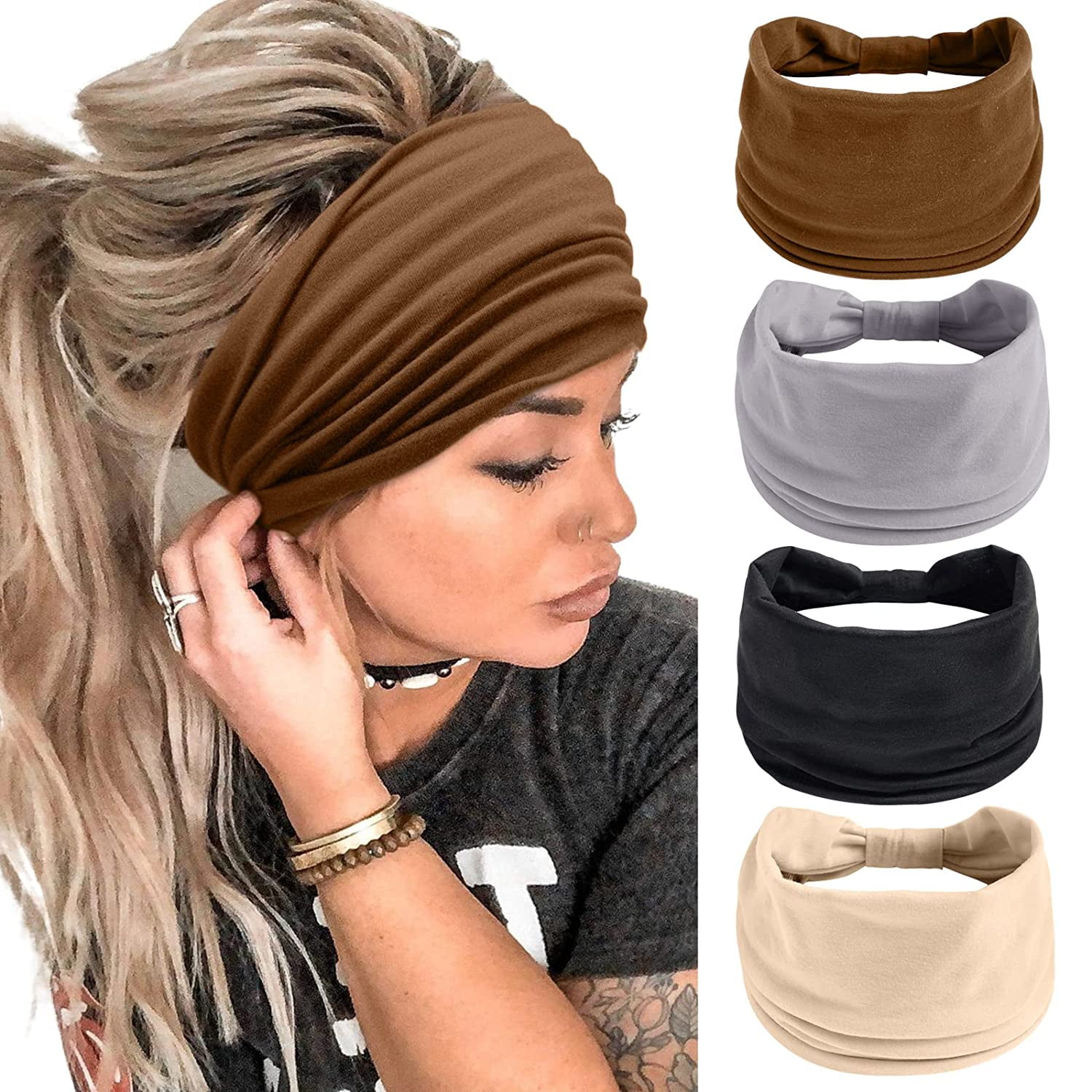 4 Pack Wide Headbands for Women Black Stylish Head Wraps Boho Thick ...