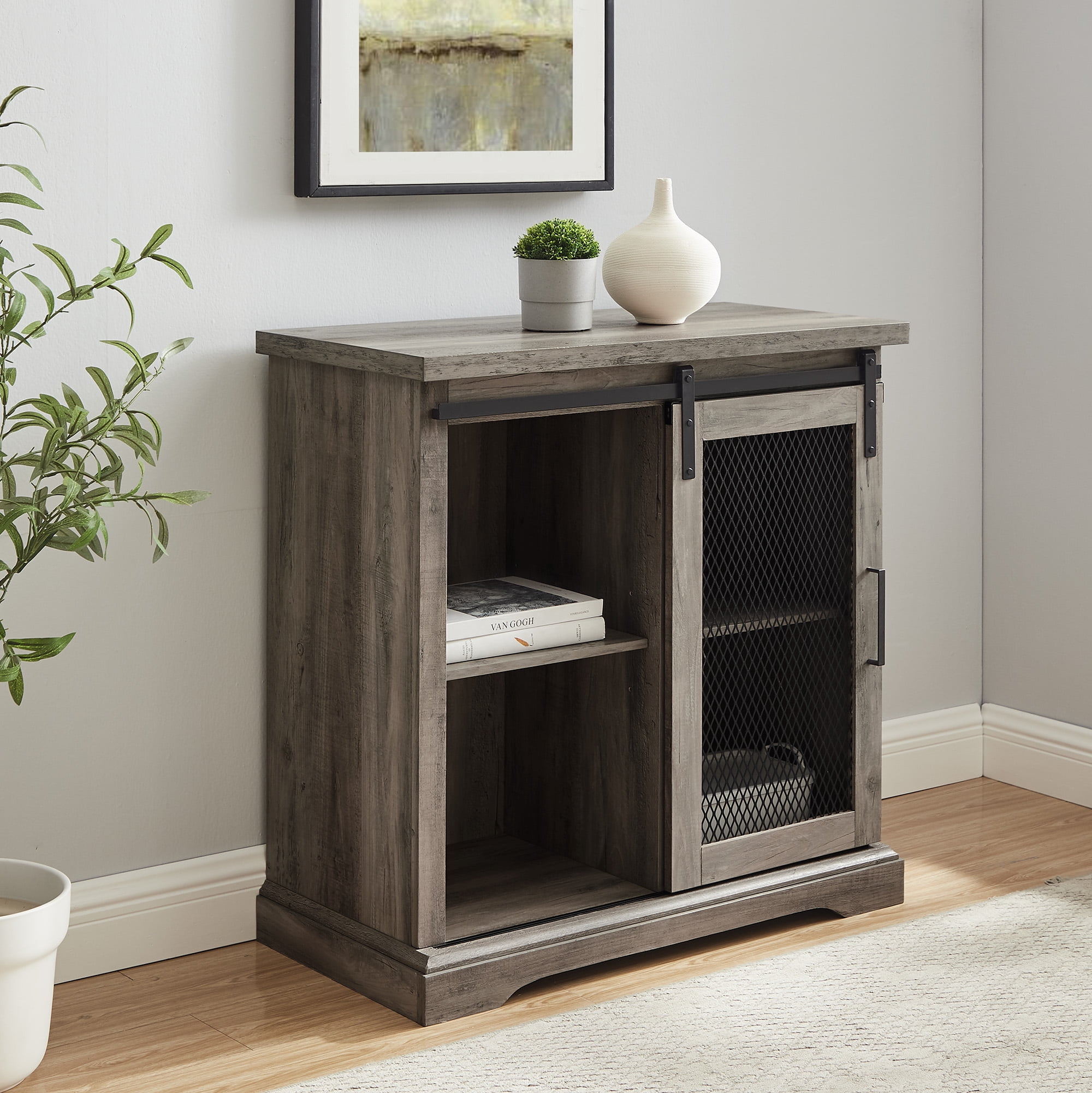Manor Park 32" Sliding Mesh Door Industrial Accent Console, Grey Wash ...