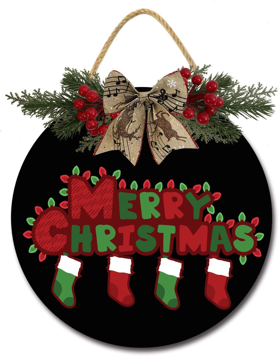 Eveokoki 12" Christmas Wreaths Decor Sign Front Door, Round Wood ...