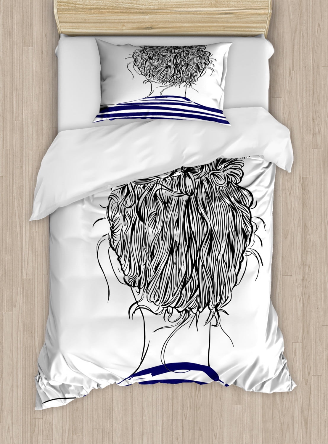 Sketch Duvet Cover Set Twin Size, Print of a Young Girl's Back Hair in ...