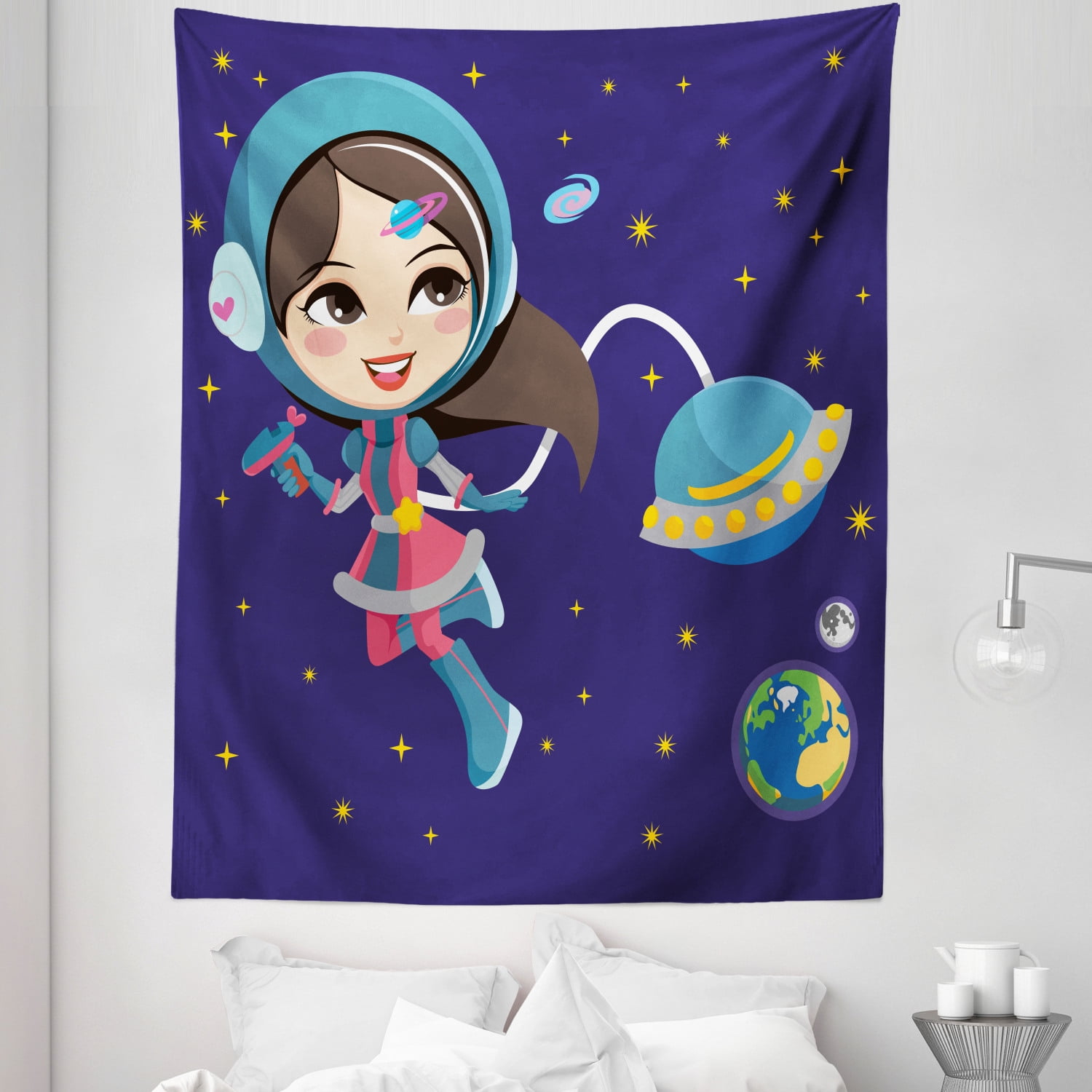 Retro Tapestry, Little Girl Exploring Space with Cosmic Fashion ...