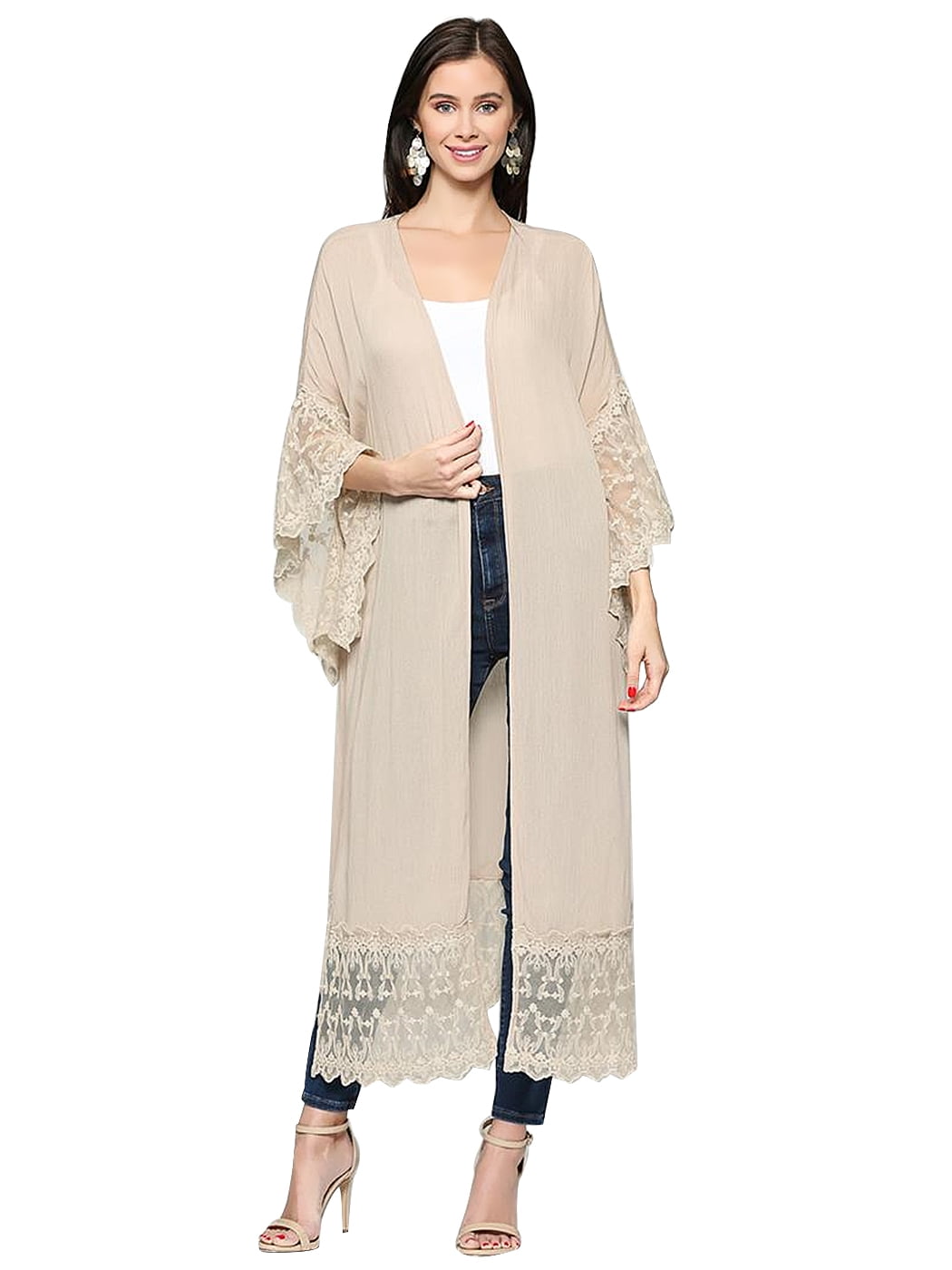 Long Open Front Maxi Scallop Lace Boho Beach Coverup Kimono Cardigan