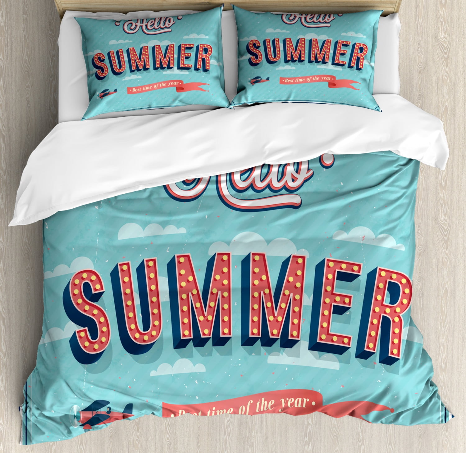 Hello Queen Size Duvet Cover Set, Vintage Style Summer Inspired Quote ...