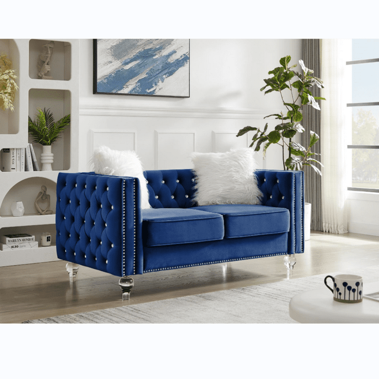 60 2 Seater Chesterfield Sofa Tufted Velvet Loveseat Sofa Couch with 2 Plush Pillows Crystal Legs and Nailhead Trim Arms Diamond Comfy Sofa for