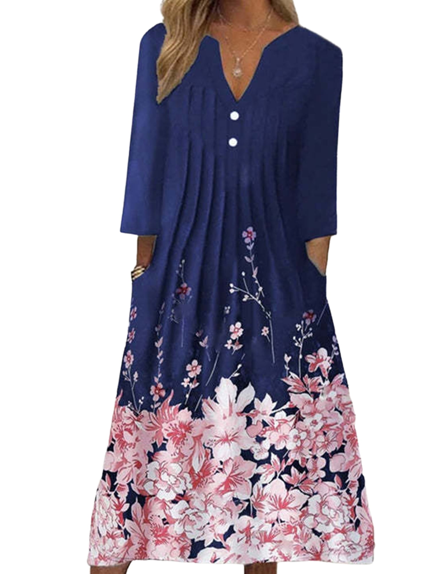 JustVH Women Casual Floral Dresses 3/4 Sleeve V Neck Pockets Midi Dress ...