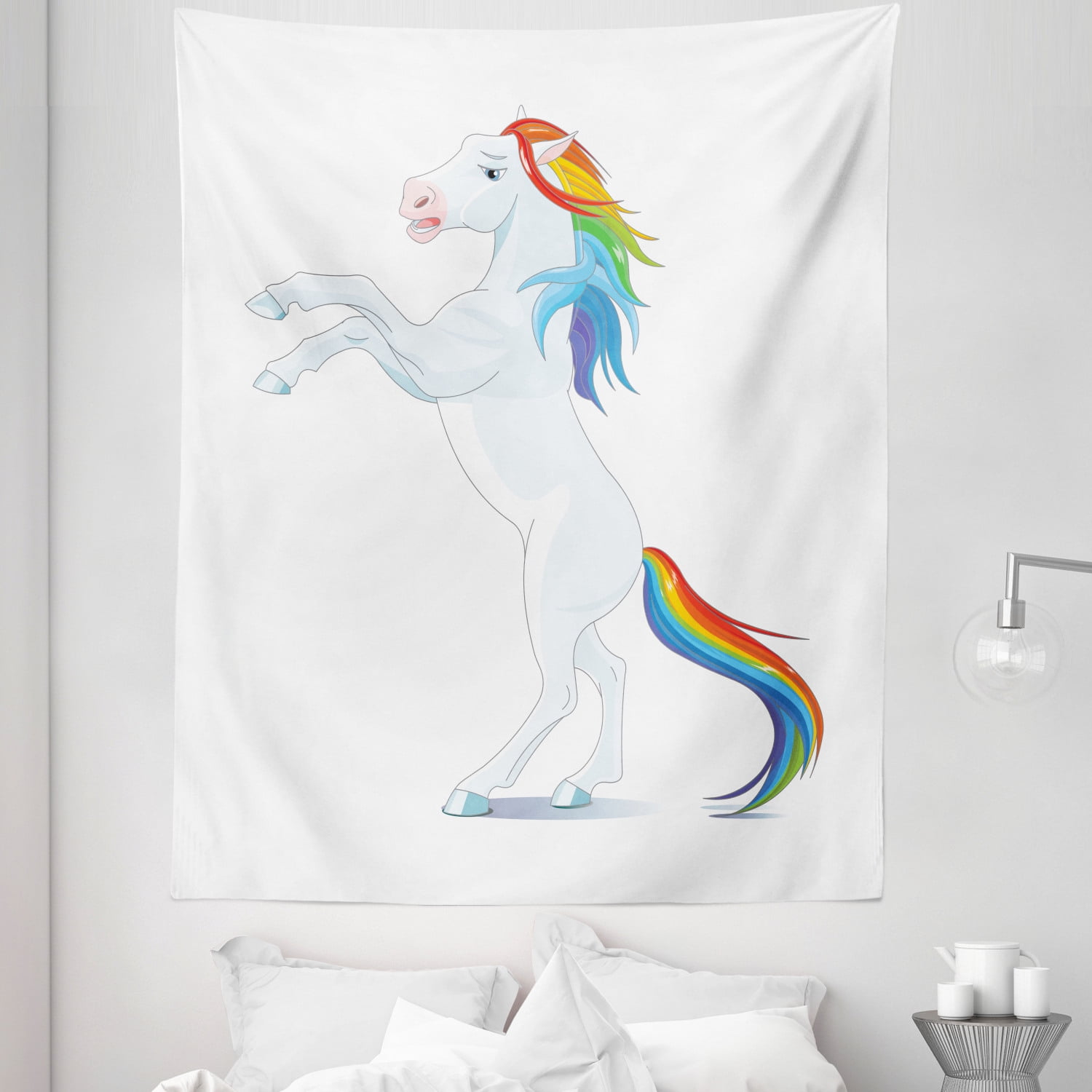 Pony Tapestry, Cartoon Graphic of Reared up Horse Rainbow Mane and Tail ...