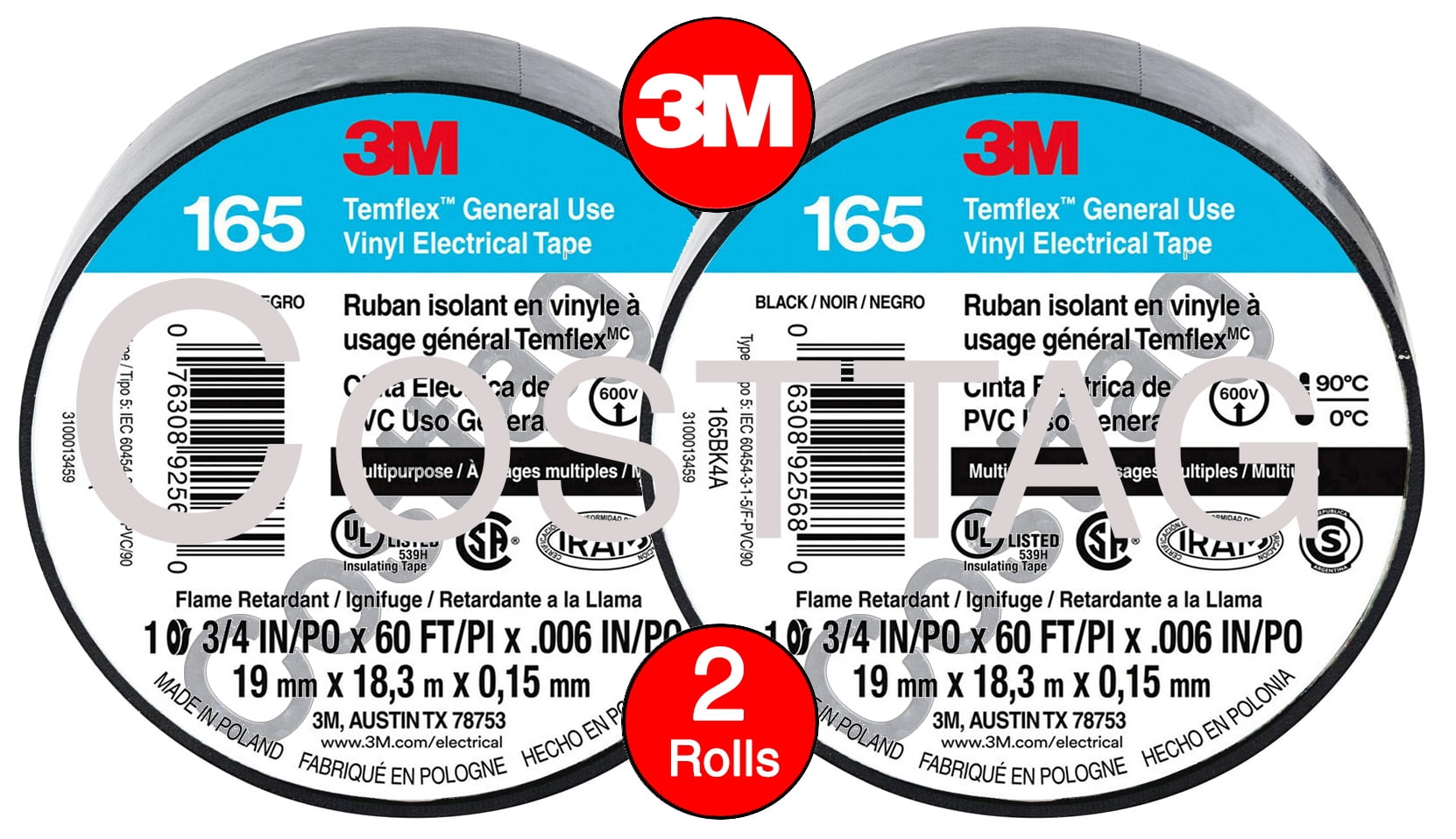 (2 ROLLS) 3M TEMFLEX 165 ELECTRICAL TAPE BLACK 3/4" x 60 FT INSULATED ...