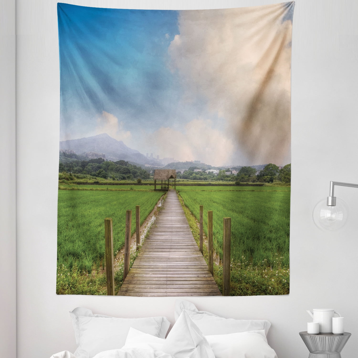 Landscape Tapestry, Rural Scenery with Wooden Path and House Under ...