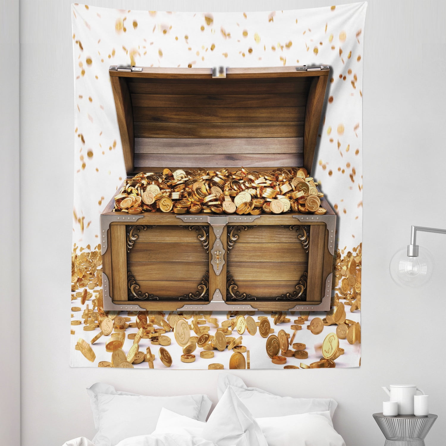 Chest Tapestry, Wealth Themed Gold Coins Kings Ransom Wooden Box Pirate ...